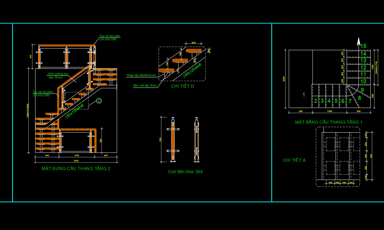 Chi Tiết Thang Khung Xương Thép Mặt Gỗ | CADFULL | FREE AUTOCAD BLOCKS